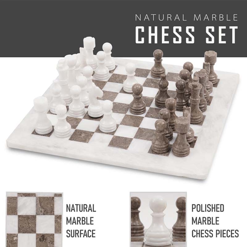 15" White & Grey Oceanic Marble Chess Set – Handcrafted Board
