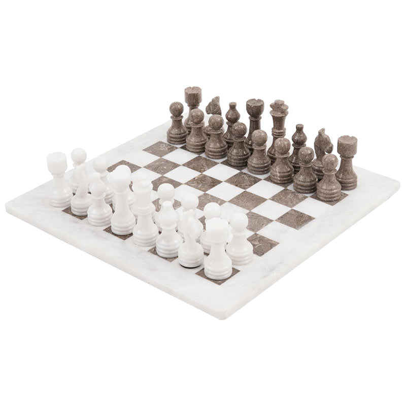 15" White & Grey Oceanic Marble Chess Set – Handcrafted Board