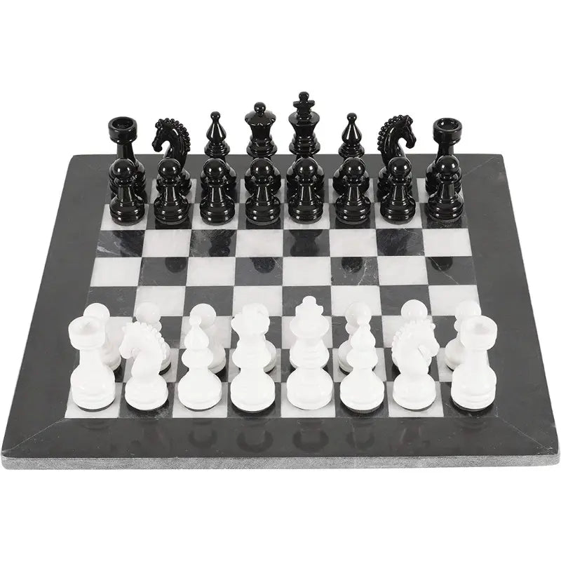 15 Inch Black & White Chess Set with Metallic Pieces