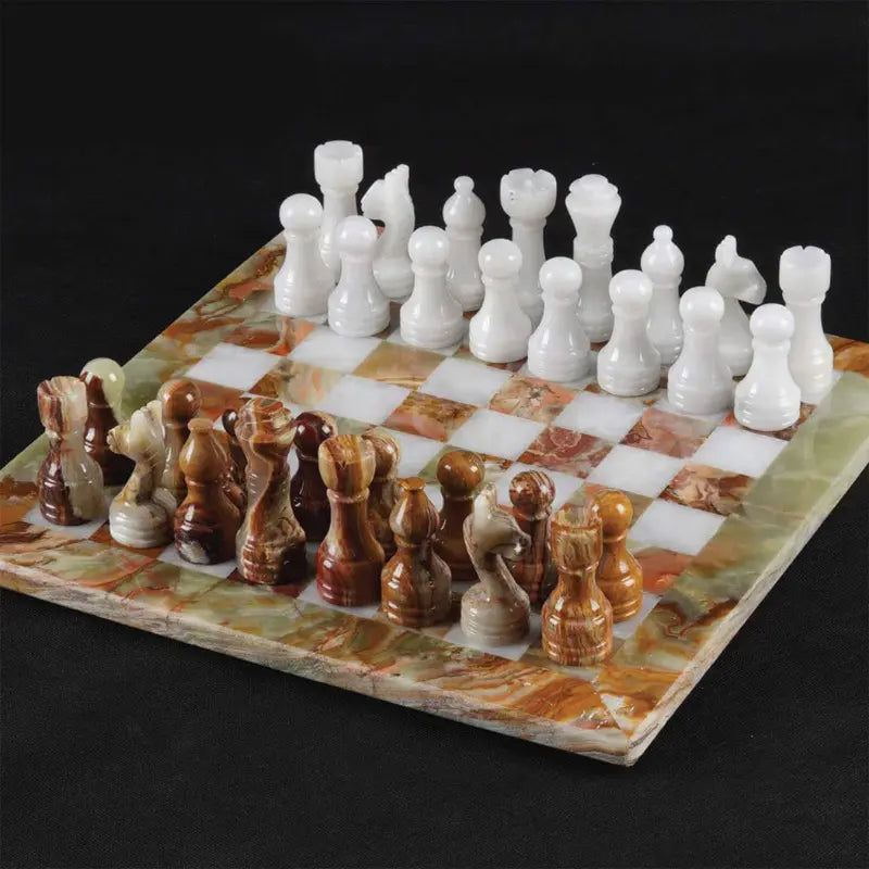12 Inch Green Onyx and White Marble Chess Set