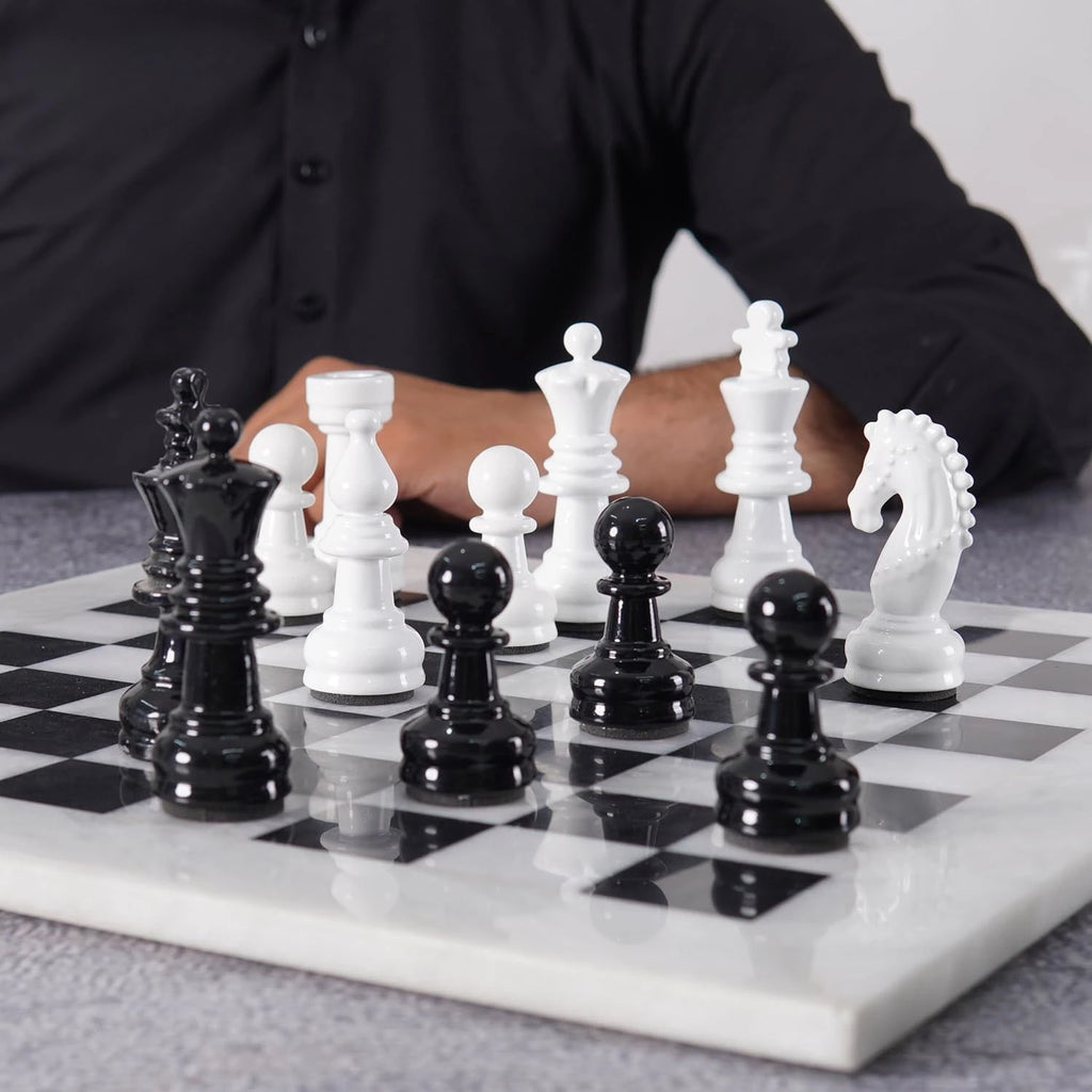 15" White & Black Marble Chess Set – 32 Metallic Pieces