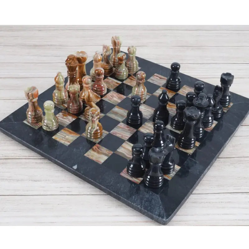 15 Inch Black & Multi Green Onyx Marble Chess Set