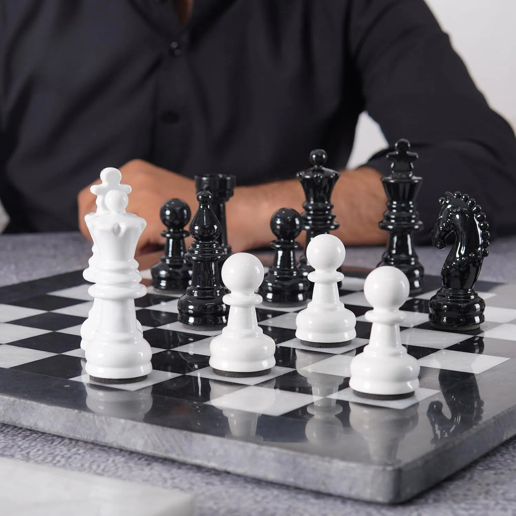 15 Inch Black & White Chess Set with Metallic Pieces