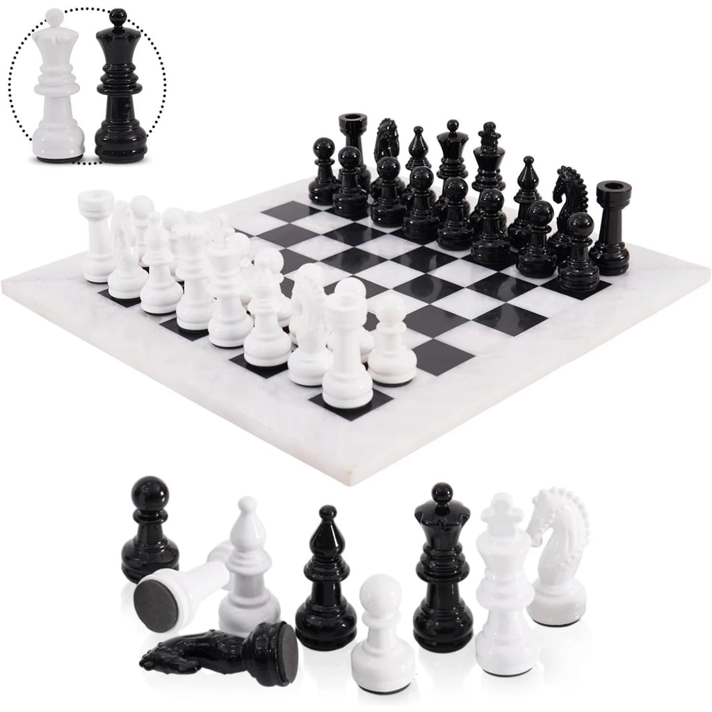 15" White & Black Marble Chess Set – 32 Metallic Pieces
