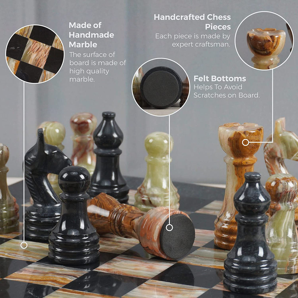 15 Inch Black & Multi Green Onyx Marble Chess Set