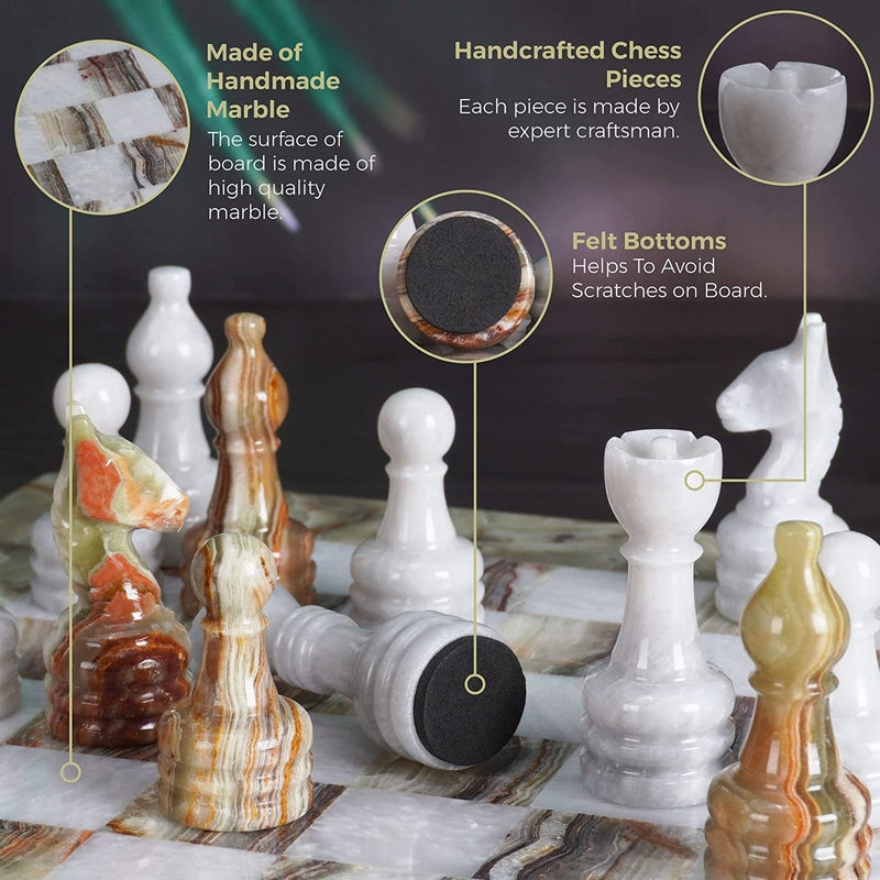 15 Inches Green And White Onyx Marble Chess Set