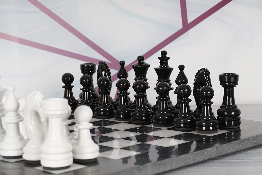 15 Inch Black & White Chess Set with Metallic Pieces